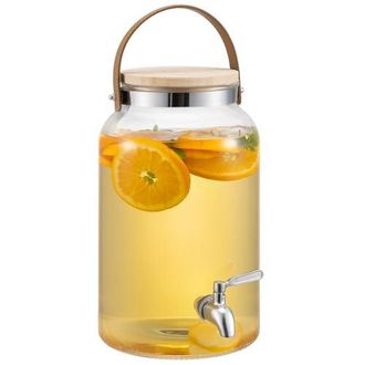 Navaris Distributeur de Boisson en Verre - Fontaine 5,6L avec Robinet Couvercle en Bois et Anse en Cuir - Carafe Eau Boissons Froides et Chaudes Max. 60&deg;C