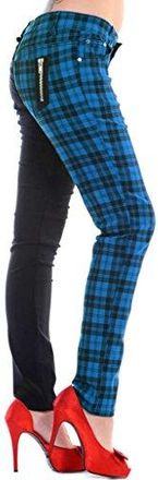 Banned Pantalon Slim &agrave; Carreaux Moiti&eacute; Tartan Pantalon Split Femme Punk Emo Mode Alternative, Bleu, XL