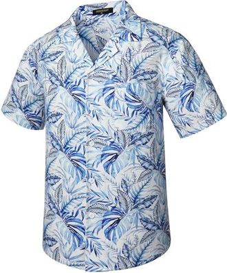 Hisdern Chemise Homme Hawa&iuml;enne Manche Courte Coton &Eacute;t&eacute; Palmier Chemise Button Down avec Poche Avant pour Vacances Festival F&ecirc;te Bleu & Blanc 2XL
