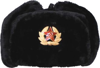 MFH Russ. Fellmütze, schwarz, mit Abzeichen, Schwarz, Medium