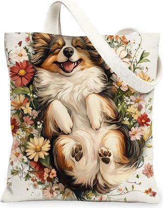 Generic Sac fourre-tout en toile motif chien berger des Shetland pour le shopping, 33 x 38,1 cm, sac &agrave; bandouli&egrave;re r&eacute;utilisable pour femme, peinture danimaux 