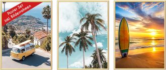 Wackadoo Poster Set Bus und Palmen Bulli 3er Set inklusive Bilderrahmen 21x30 cm DIN A4 Poster Bilderset mit rahmen picture frame Bilder Set