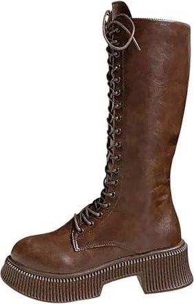 Generic Bottes montantes pour femme - Bout rond - Plateforme - Bottes de cowboy à mollet large - Chaussures de cowboy douces et confortables avec fermeture éc