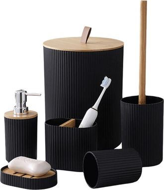 Generic 6-teiliges Badezimmer-Zubeh&ouml;r-Set Bambus-Schwarz mit M&uuml;lleimer, Zahnb&uuml;rstenhalter, Becher, Seifenspender, Seifenschale, Toilettenb&uuml;rste