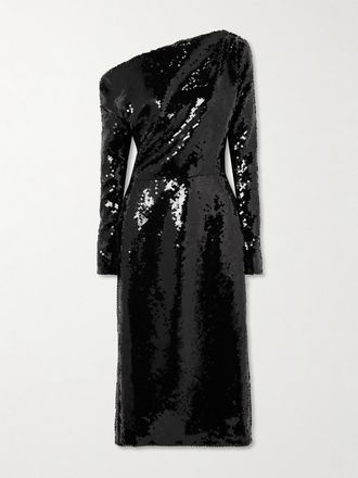 16Arlington Danae Asymmetrisches Midikleid Aus Cr&ecirc;pe Mit Pailletten Und Raffungen - Schwarz