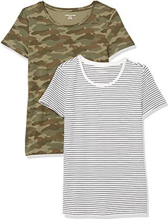 Amazon Essentials T-Shirt Ras-Du-Cou à Manches Courtes, Coupe Standard Femme, Lot de 2, Blanc Rayures/Vert Olive Camouflage, XL