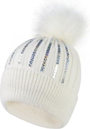 Generic Bonnet &agrave; pompon pour femme - Bonnet dhiver avec paillettes chaudes - Bonnet doubl&eacute; en polaire thermique - &Eacute;l&eacute;gant bonnet en laine avec pompon en fourr