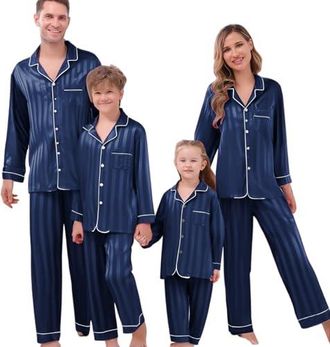 Generic Pyjama de No&euml;l assorti pour la famille avec col &agrave; revers ray&eacute; et pantalon - Ensemble de pyjama &agrave; manches longues en satin de soie - V&ecirc;tements de nuit 