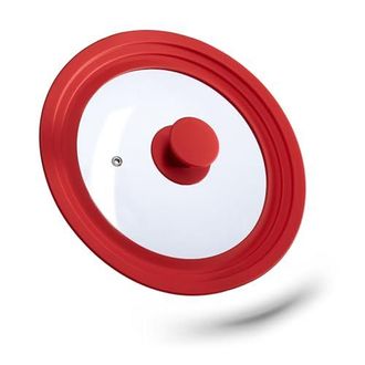 Relaxdays Topfdeckel universal, flexibler Glasdeckel mit Silikonrand & Dampfloch, Töpfe & Pfannen mit Ø 20-24 cm, rot