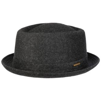 Stetson Wool Pork Pie Hut Herren Damen Made in Italy Fedora mit Schurwolle Baumwollfutter Krempe Herbst Winter anthrazit 56 cm