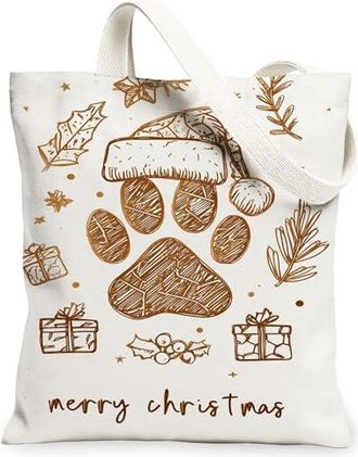 Generic Sacs fourre-tout r&eacute;utilisables en toile avec empreintes de pattes de No&euml;l, sacs d&eacute;picerie vintage, rustiques, l&eacute;gers et lavables, blanc, 13x15 Inch