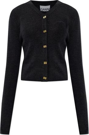 Ganni Femme, Pulls, Noir, Taille: 40 FR Cardigan en laine avec logo brod&eacute;