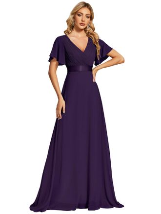 Ever-pretty Damen Brautjungfernkleider Gürtel A-Linie Empire Kurze Ärmel Cocktailkleider V-Ausschnitt Chiffon Elegant Dunkelviolett 56EU