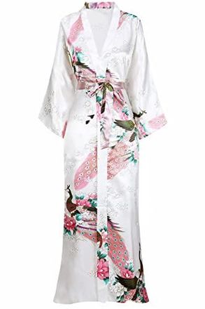 Babeyond Kimono Femme Long en Satin - Peignoir Léger Imprimé Paon jusquà la Cheville, Taille unique Grande taille, Blanc