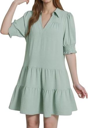 Generic Robe d&eacute;contract&eacute;e pour femme avec col &agrave; revers et manches mi-longues pliss&eacute;es et col en V pour femme, robe d&eacute;t&eacute; 2026, robe ample, robe ample pour femm