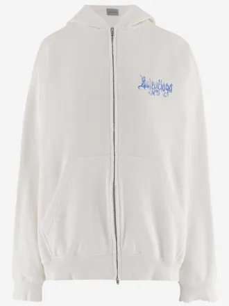 Balenciaga Womens Cotton Hoodie With Zipper White Top
