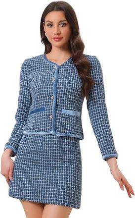 Allegra K Ensemble de Costume pour Femme 2 pièces Tenues Plaid Tweed Court Blazer Veste et Ensembles de Jupe Bleu S
