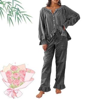 Generic Ensemble de pyjama vichy pour femme, ensemble pyjama 2 pi&egrave;ces &agrave; carreaux pour femme, chemise &agrave; manches bouffantes boutonn&eacute;e et pantalon &agrave; volants, Noi