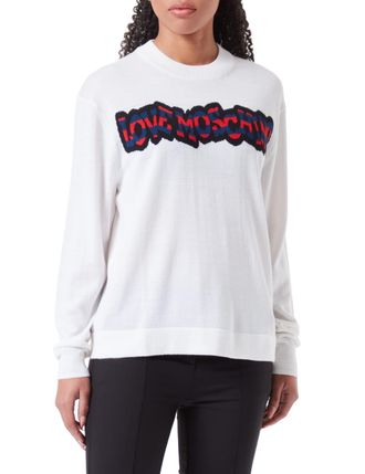 Love Moschino Regular fit Long-Sleeved Roundneck Pullover in Wool Blend, 12 Gauge, with Striped Logo on The Front