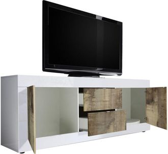 Dmora TV-M&ouml;bel Sinello, modular: 2 Schubladen, 1 Regal, Made in Italy, 210x43x65 cm, Wei&szlig; Hochglanz