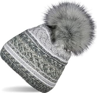 styleBREAKER Bonnet à pompon en tricot pour femmes avec un mélange de motifs colorés et une doublure en polaire, bonnet dhiver à pompon en fourrure, bonnet en tric