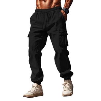 Generic Pantalon chino cargo en lin pour homme - L&eacute;ger - Blanc - Pantalon de jogging - Pantalon de loisirs - Pantalon d&eacute;t&eacute; pour le yoga - Avec poches - Pantal