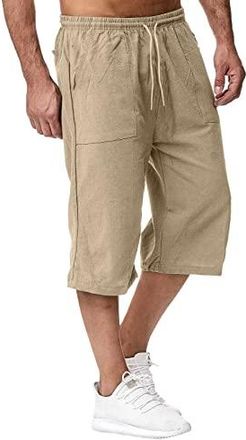 Generic 2025 Shorts Lin et Bermudas Homme Pantacourt été 3/4 Pantacourts Coton, pour La Plage, Le Yoga, Le Jogging, Blanc Pantalon Taille Elastique Décontract
