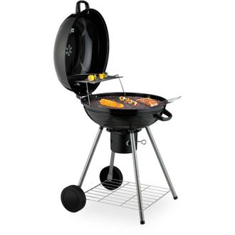 Relaxdays Relaxdays - Barbecue rond, &oslash; 53 cm, 2 grilles, thermom&egrave;tre, cendrier, gril &agrave; charbon mobile, bbq sur roues, smoker, noir