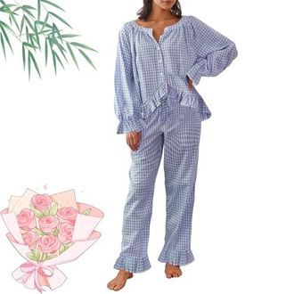 Generic Ensemble de pyjama vichy pour femme, ensemble pyjama 2 pi&egrave;ces &agrave; carreaux pour femme, chemise &agrave; manches bouffantes boutonn&eacute;e et pantalon &agrave; volants, ble