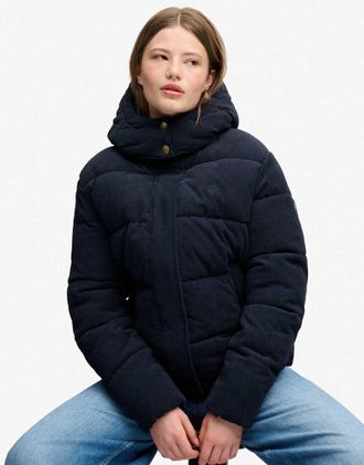 Superdry veste matelass&eacute;e &agrave; capuche en velours c&ocirc;tel&eacute; bleu marine eclipse premium