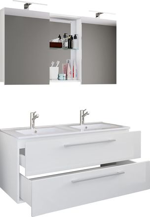 VCM 3-TLG. Doppel Waschplatz | 2X Waschtisch | Badmöbel Set mit Unterschrank, Waschbecken und Spiegelschrank | Doppelwaschbecken | Komplettset Budasi SC