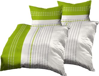 Gerald Wittmann 4teilig Bettw&auml;sche-Set 2X 140x200 cm + 2X 70x90 cm, Baumwolle Seersucker, Gepunktet Streifen Gr&uuml;n Wei&szlig; Grau