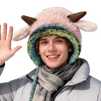 Generico Bonnet en peluche avec oreilles de mouton - Ajustement &eacute;lastique chaud - Pour femmes, adultes, filles, d&eacute;placements, &eacute;cole, voyage, cyclisme et photog