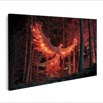 Islandburner Prime Bild auf Leinwand Feuriger Ph&ouml;nix im Wald bei Nacht Beleuchtet - Leinwand 80x40cm
