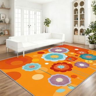 Generic Tapis &agrave; Motif R&eacute;tro Chic Fleurs Grand Antid&eacute;rapant &agrave; Poils Courts Doux Chambre Poil Ras de Sol Couleur Orange, 120 x 180 cm