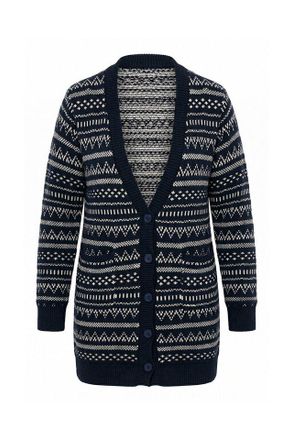 Ulla Popken Strickjacke Long-Strickjacke Jacquard V-Ausschnitt Langarm
