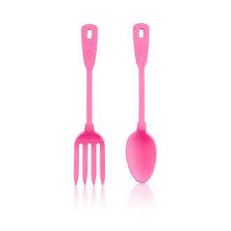 Kochblume Servier Set, 2-teilig, L&ouml;ffel und Gabel | Premium Premium-Silikon & BPA freimit Edelstahlkern (pink)