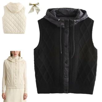 Generic Womens Quilted Hooded Knit Vest,Lightweight Sleeveless Knit Jacket with Puffer Back,Casual Retro Layered Sweater Hooded Vest (Black)