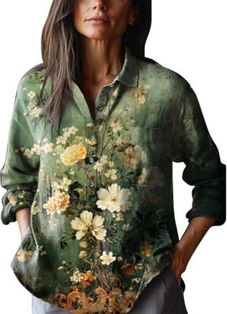 Generico Chemise Femme D&eacute;contract&eacute;e Manches Longues Chemises Coton Et Lin &Eacute;l&eacute;gant Grande Taille Chemisier Col V Classique Blouse Vintage Fantaisie avec Boutons