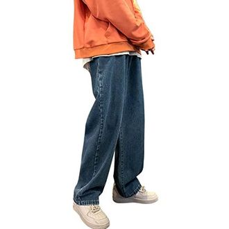 Generic Jean d&eacute;contract&eacute; pour homme - Coupe droite - Pantalon streetwear vintage - Pantalon hip hop - Taille haute - Coupe ample - Couleur unie - Jambe droite