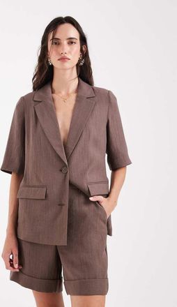 Pieces Kurz&auml;rmliger, eleganter Blazer in schokobrauner Leinenoptik, Kombiteil-Brown