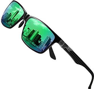 Duco Lunettes de soleil polarisées pour homme avec cadre rectangulaire en métal et lunettes en fibre de carbone UV400 CAT 3 8206, Lentille noire Temple Rev