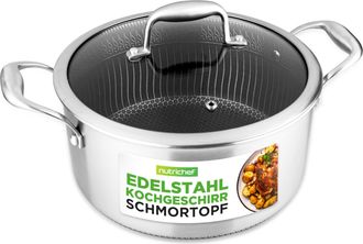 Nutrichef NutriChef 5QT Edelstahl-Eintopfpfanne - Triply Eintopfpfanne mit Glasdeckel - DAKIN Antihaftbeschichtung, erhöhter Wabenmuster-Rissfestigkeit, Sortier