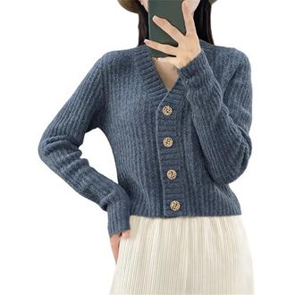 Generic Cardigan dhiver en cachemire pour femme, col en V, couleur unie, haut ample, manches longues, col en V, boutonn&eacute;, Bleu brumeux, XL