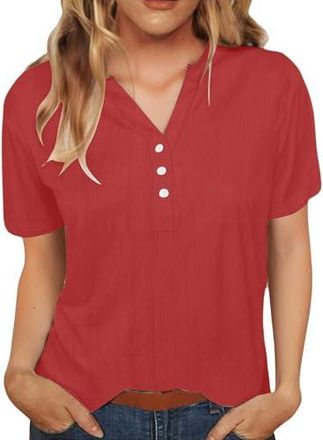 Generic IQYU Chemisier en mousseline surdimensionn&eacute; pour femme - Grandes tailles - Manches courtes - Col en V - Chemise en lin - Couleur unie - Haut d&eacute;t&eacute; en l