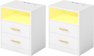Vasagle Lot de 2 Tables dAppoint Modernes avec Tiroirs, Lumi&egrave;res LED, Multiprises et Ports USB, pour Chambre, Blanc
