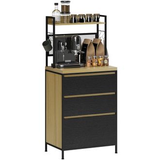 HOMCOM Armoire de cuisine style industriel avec 3 tiroirs, plan de travail, &eacute;tag&egrave;re et 4 crochets, 60x40x132cm-Bois naturel
