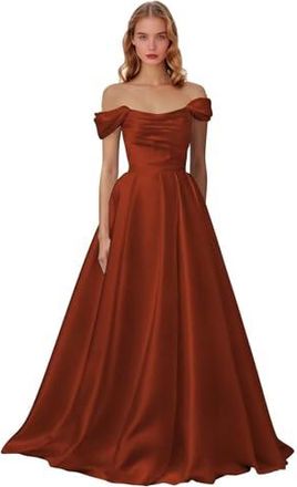 Generic Robe de bal longue fronc&eacute;e en satin &agrave; &eacute;paules d&eacute;nud&eacute;es pour femme avec poches, orange br&ucirc;l&eacute;, 42