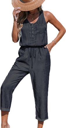 Cupshe Damen Jumpsuit U-Ausschnitt Ärmellos Knopfleiste Overall Sommer Casual Lose Playsuit Haremshose mit Taschen Schwarz XL