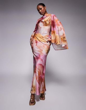 Asos Robe longue en biais drap&eacute;e en satin avec superposition foulard - Imprim&eacute; fleuri-Multicolore